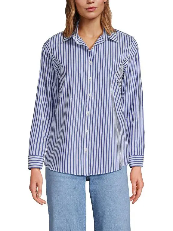 LANDS' END No Iron Supima Cotton Long Sleeve Shirt - White/cobalt Blue Stripe