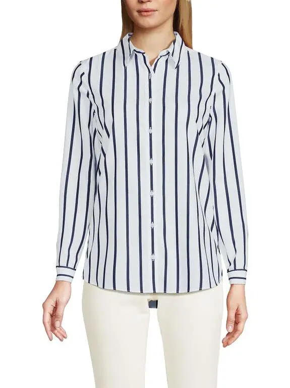 LANDS' END No Iron Supima Cotton Long Sleeve Shirt - White/navy Classic Stripe