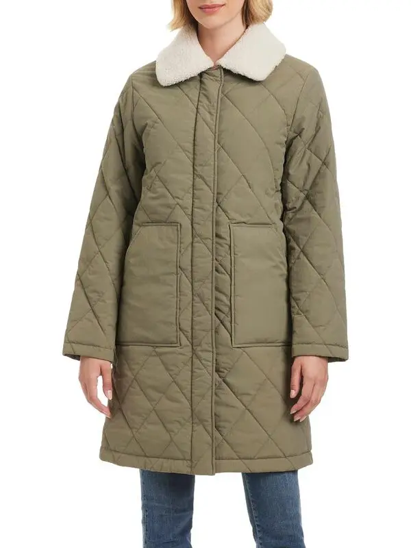 Sanctuary Water Resistant Quilted Coat With Faux Shearling Collar - Sage
