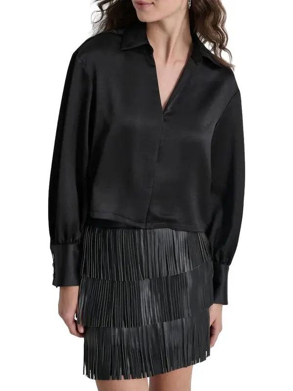 Dkny Satin Long Sleeve Top - Black