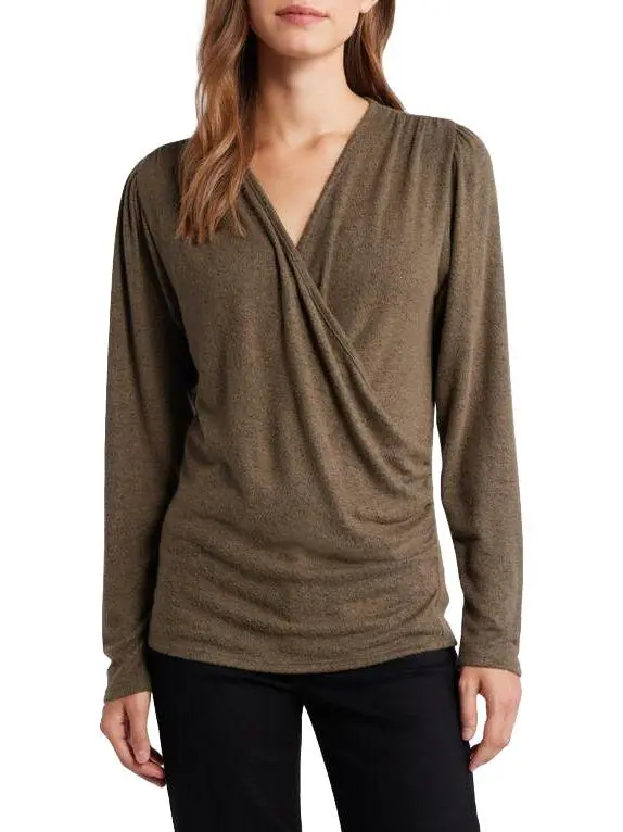 Loveappella Long Sleeve Faux Wrap Top - Olive