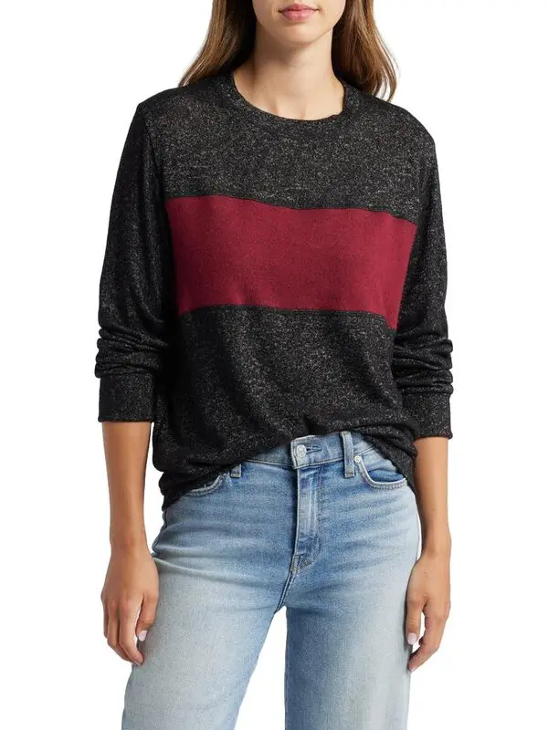 Loveappella Colorblock Brushed Jersey Top - Black/ Burgundy