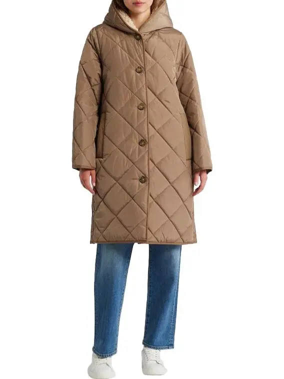 Lucky Brand Quilted Faux Shearling Lined Coat - Khaki