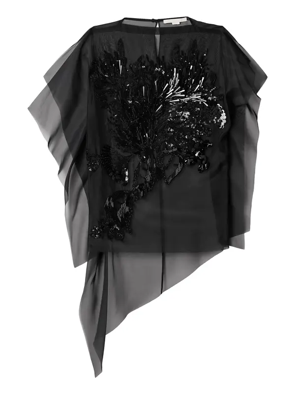JASON WU Asymmetric Embellished Organza Top - Black