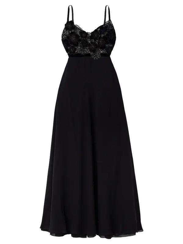 Loretta Caponi Pansy Velvet-trimmed Maxi Dress - Black