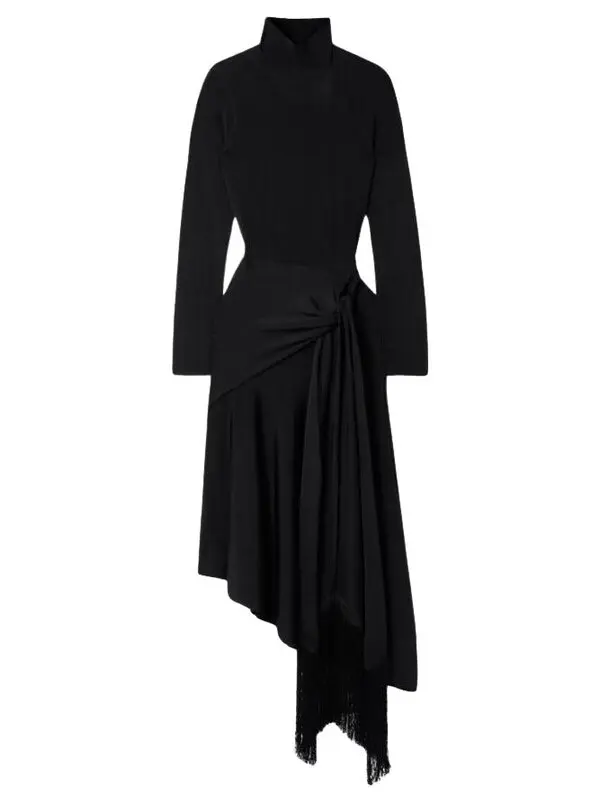 Adam Lippes Asymmetric Draped Fringed Stretch-knit Midi Dress - Black