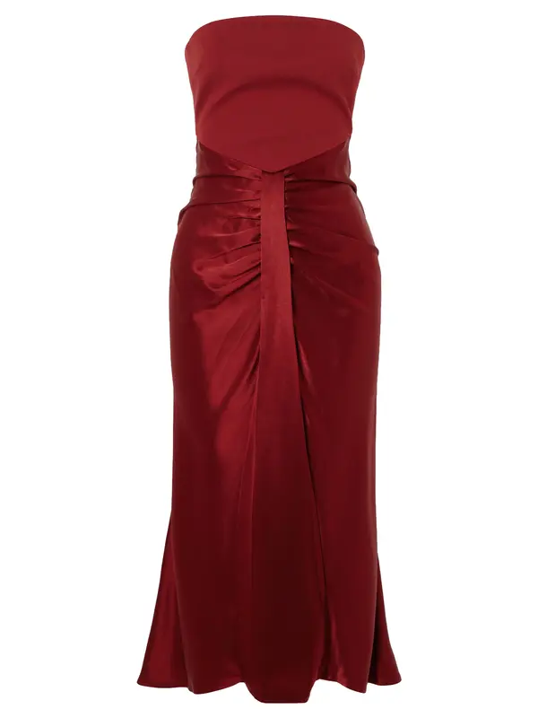 Staud Wayfaring Strapless Gathered Satin And Ponte Midi Dress - Red