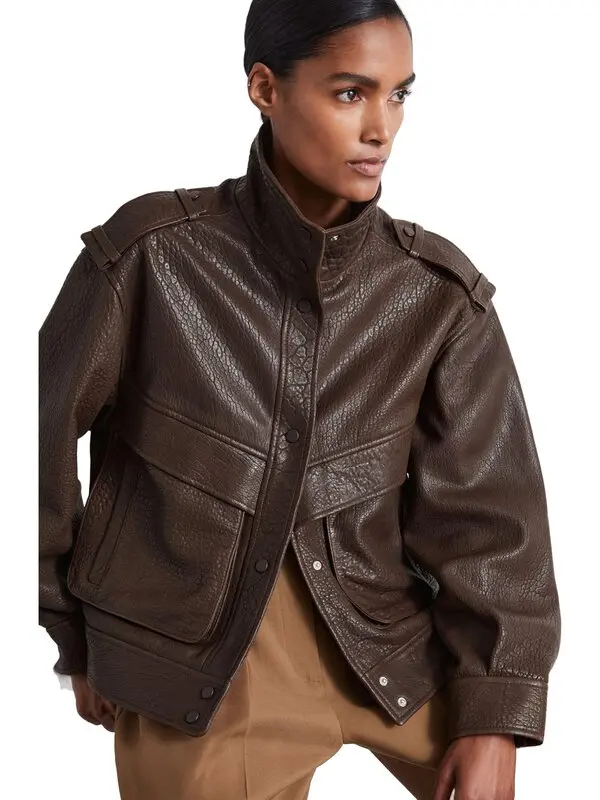 REISS Cleo Atelier Grained Leather Jacket - Chocolate
