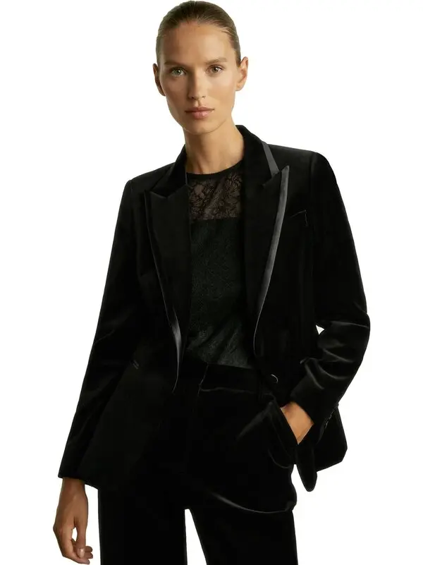 REISS Parisa Velvet And Satin Single Breasted Suit Jacket - Black