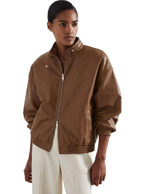 REISS Dru Atelier Leather Bomber Jacket - Tan