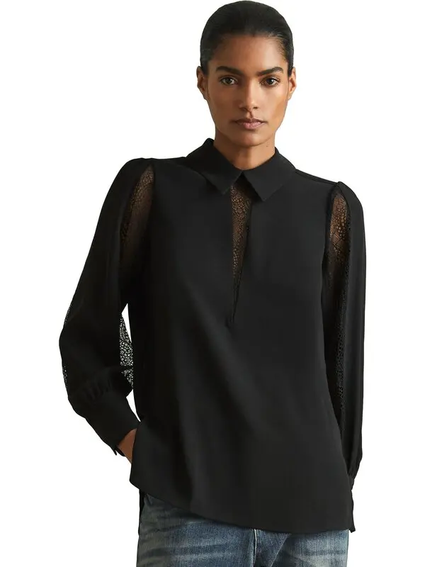 REISS Renata Lace-insert Blouse - Black