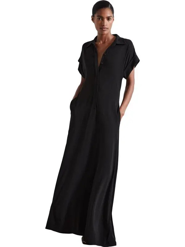 REISS Alexandra Atelier Polo Collar Jersey Maxi Dress - Black