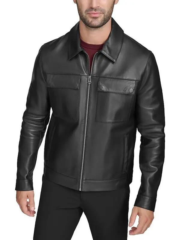 Cole Haan Zip Front Leather Jacket - Black
