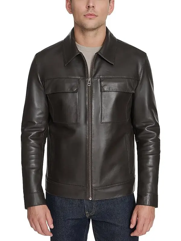 Cole Haan Zip Front Leather Jacket - Dark Brown