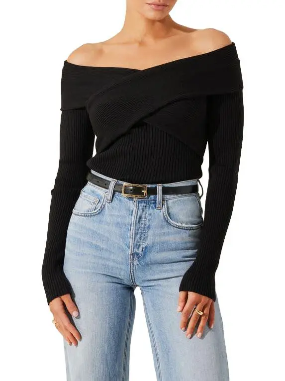 Astr The Label Crossover Off The Shoulder Rib Sweater - Black