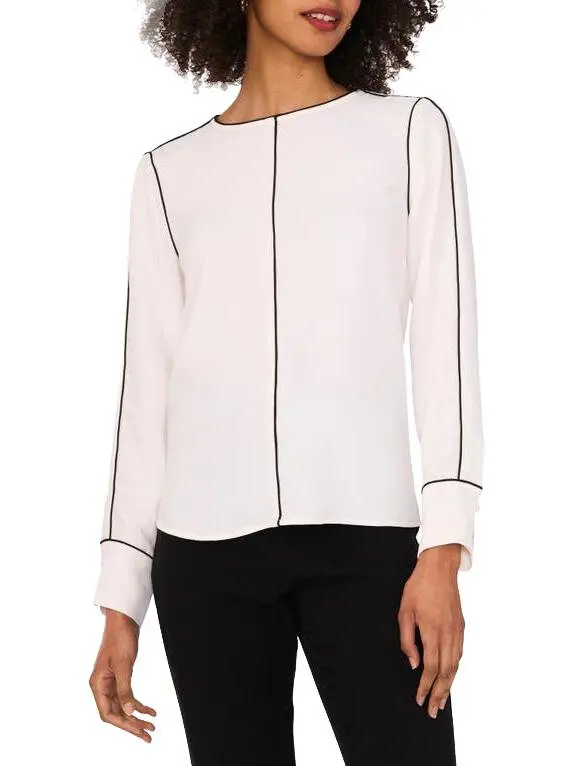 Vince Camuto Piped Long Sleeve Crêpe De Chine Top - New Ivory