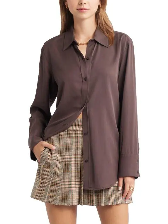 OPEN EDIT Relaxed Fit Long Sleeve Button-up Shirt - Brown Seal