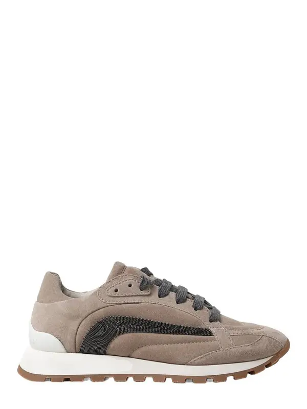 Brunello Cucinelli Suede Sneakers With Embellished Detailing - Beige