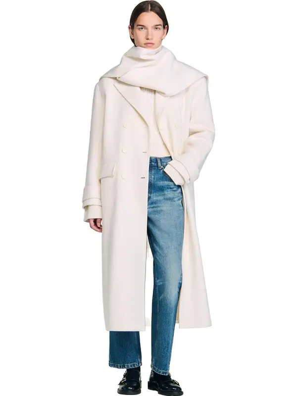 Sandro Oversized Wool Coat With Scarf - Ecru
