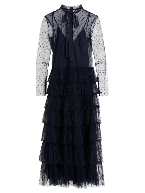 Red Valentino Tiered Ruffled Point D'esprit Midi Dress - Navy