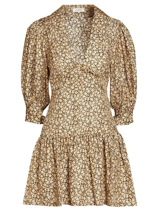 Sandro Gathered Floral-print Silk-twill Mini Dress - Beige