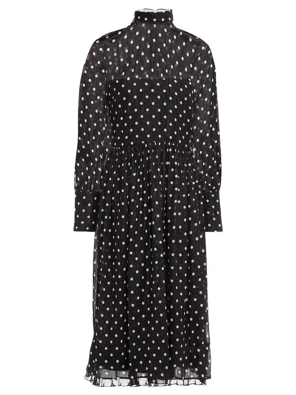 Red Valentino Gathered Metallic Polkadot Crepon Midi Dress - Black