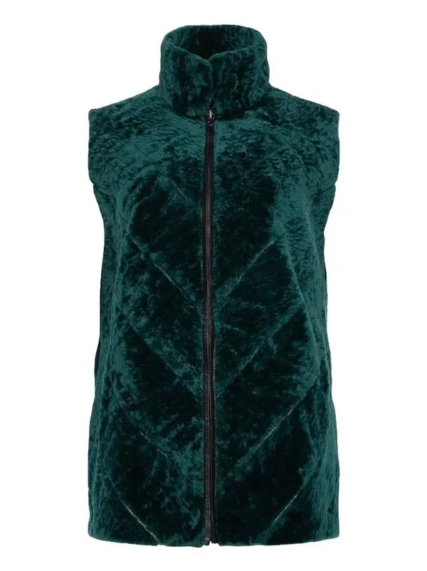 Gorski Textured Shearling Lamb Zip Vest Reversible To Taffeta - Emerald