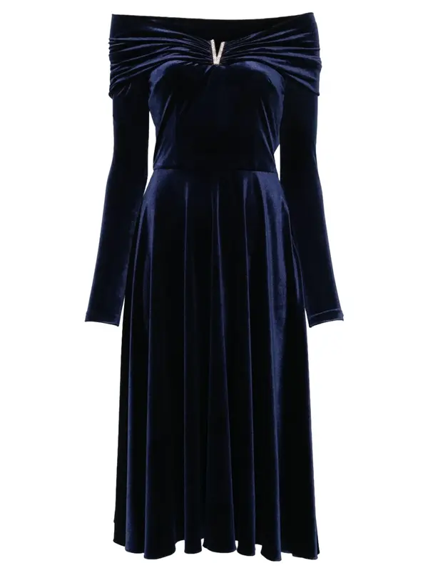 NISSA Off-shoulder Velvet Midi Dress - Blue