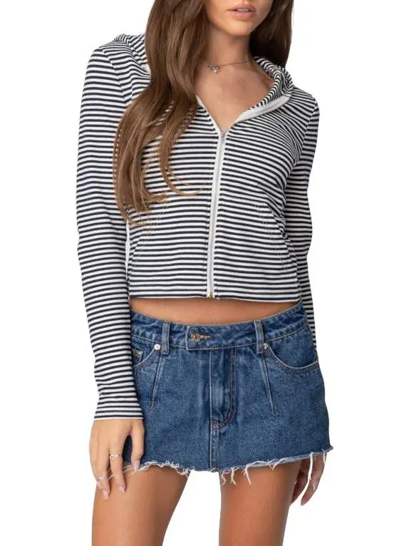 EDIKTED Madison Stripe Zip Hoodie - Navy-and-white