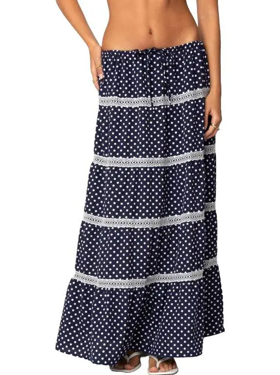 EDIKTED Polka Dot Tiered Maxi Skirt - Navy