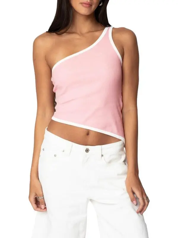 EDIKTED Asymmetric One-shoulder Rib Top - Pink