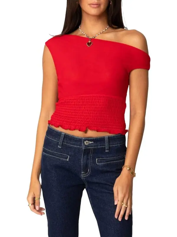 EDIKTED Jenny Scrunched One-shoulder Top - Red