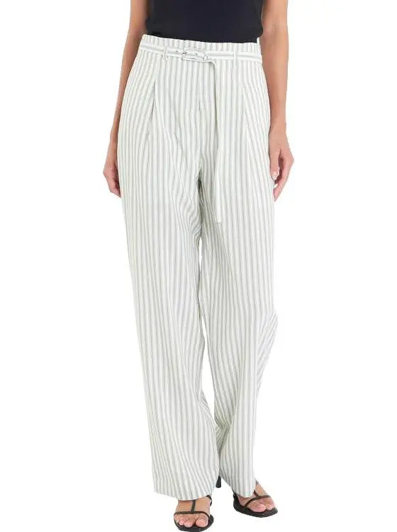 English Factory Stripe Belted High-waist Pants - Off White/ Green