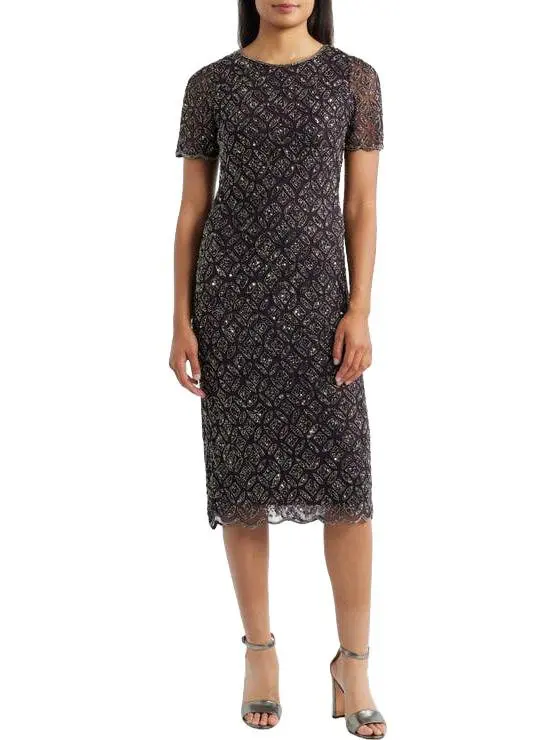 Pisarro Nights Beaded Midi Cocktail Dress - Eggplant