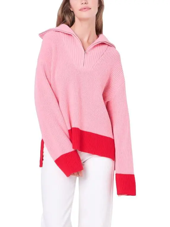 English Factory Contrast Quarter Zip Sweater - Pink/ Red