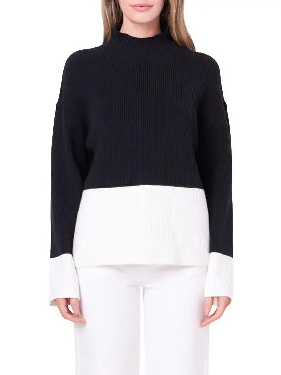 English Factory Colorblock Ribbed Mock Neck Sweater - Black/ Ivory
