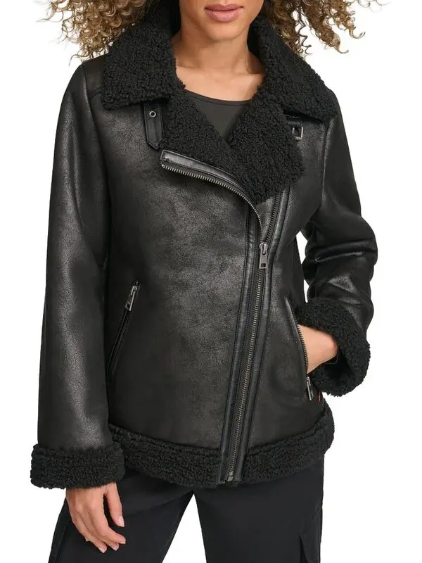 LEVI'S Faux Shearling Lined Faux Leather Moto Jacket - Black