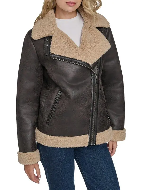 LEVI'S Faux Shearling Lined Faux Leather Moto Jacket - Molasses