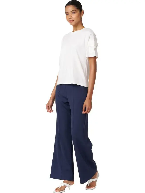 REBODY Pintuck Wide Leg Scuba Knit Pant - Cool Navy