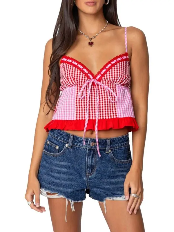 EDIKTED Joanne Mixed Gingham Camisole - Red/pink