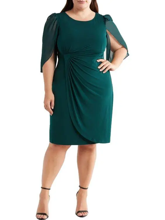 CONNECTED APPAREL Chiffon Sleeve Faux Wrap Dress - Hunter