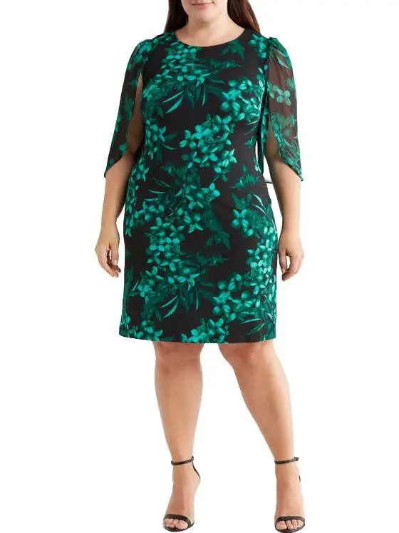 CONNECTED APPAREL Floral Chiffon Sleeve Sheath Dress - Hunter