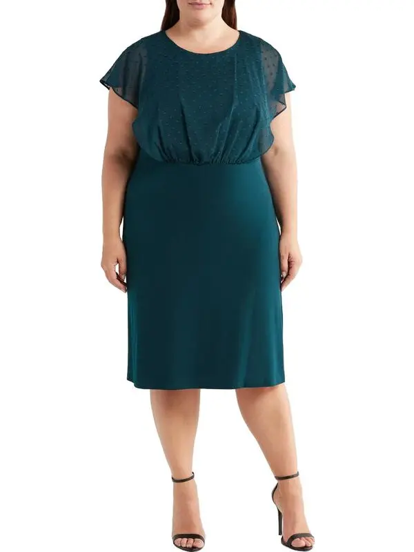 CONNECTED APPAREL Swiss Dot Chiffon Sleeve Cocktail Dress - Dark Mallard