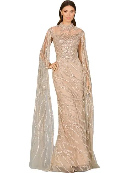 LARA NEW YORK High Neck Gown With Long Cape Sleeves - Nude