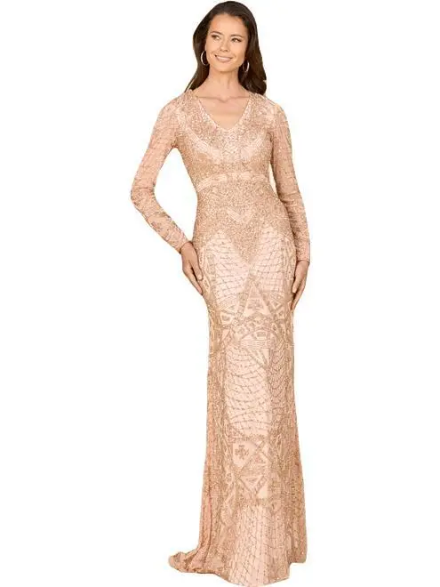LARA NEW YORK Long Sleeve Beaded Tulle Dress - Rosegold