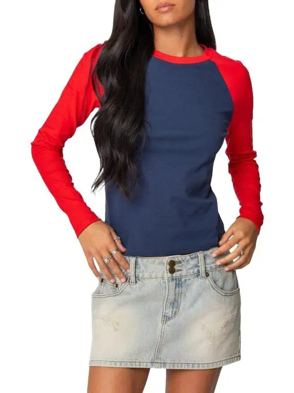 EDIKTED Tommi Stretch Cotton Baseball T-shirt - Navy-and-red