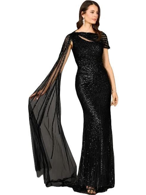 LARA NEW YORK One Shoulder Gown With Sheer Cape Sleeve And Sequin Embellishments - Black