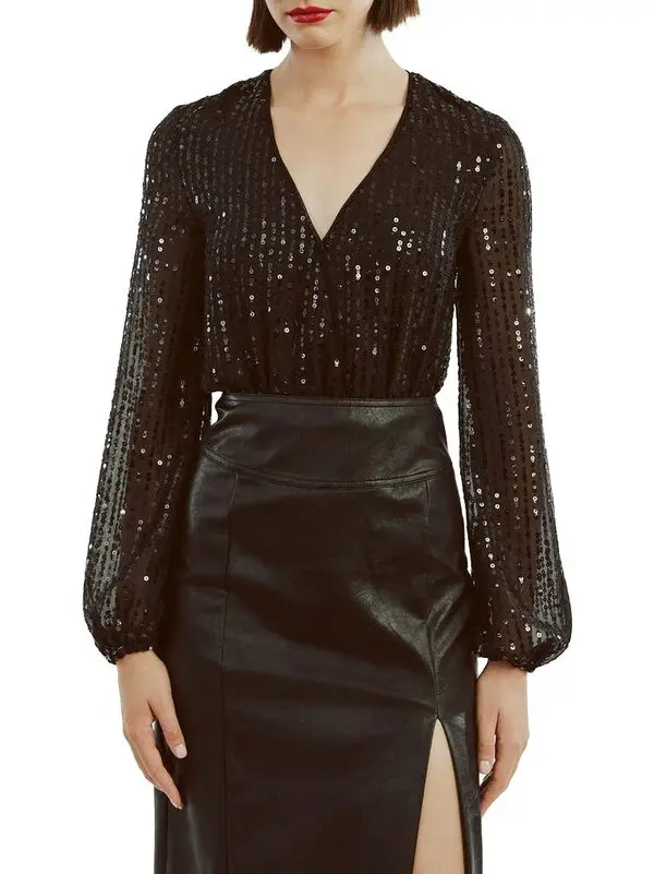 Bardot Sequin Wrap Front Bodysuit - Black