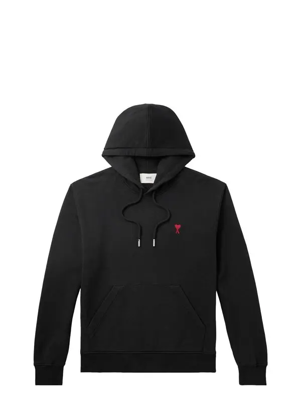 AMI Paris Logo-embroidered Cotton-jersey Hoodie - Black