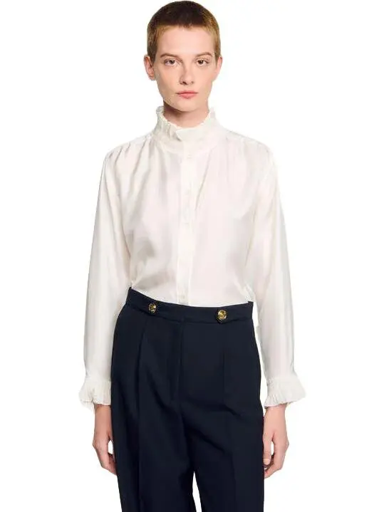Sandro Silk Shirt With Gathered Collar - Ecru